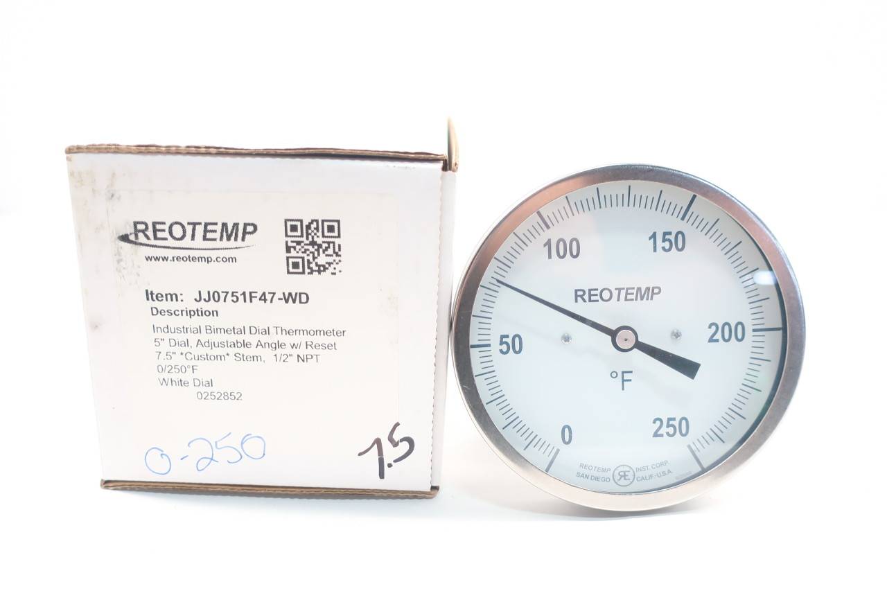 Reotemp JJ0751F47-WD Bimetal Thermometer 5in 7-1/2in 0-250f 1/2in Npt