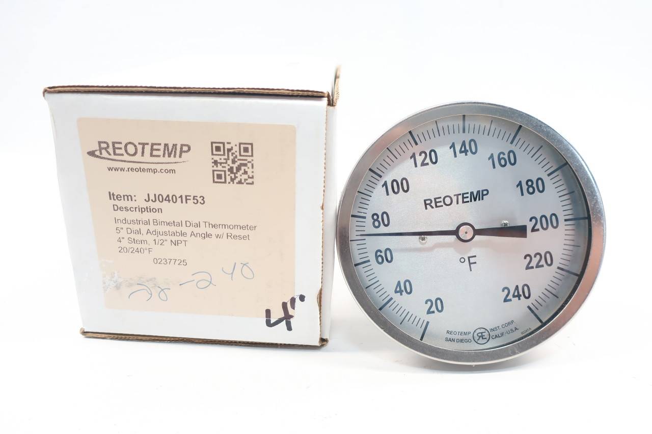 Reotemp JJ0401F53 Bimetal Thermometer 5in 4in 20-240f 1/2in Npt
