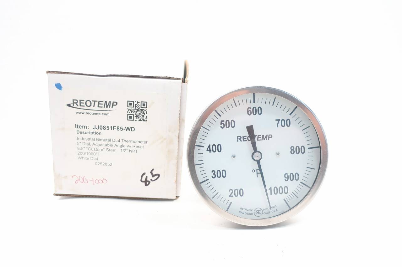 Reotemp JJ0751F85-WD Bimetal Thermometer 5in 8-1/2in 200-1000f 1/2in Npt