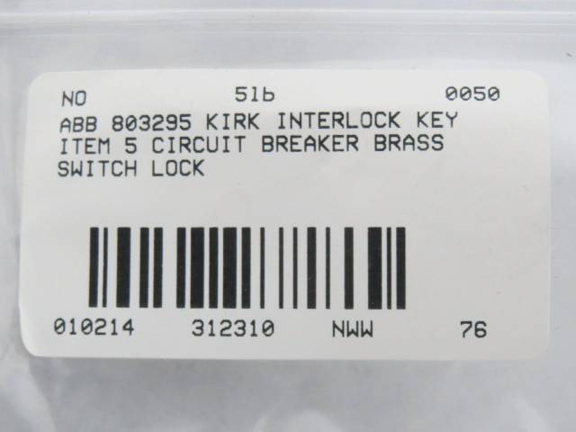 ABB 803295 KIRK INTERLOCK KEY ITEM 5 CIRCUIT BREAKER SWITCH LOCK B312310