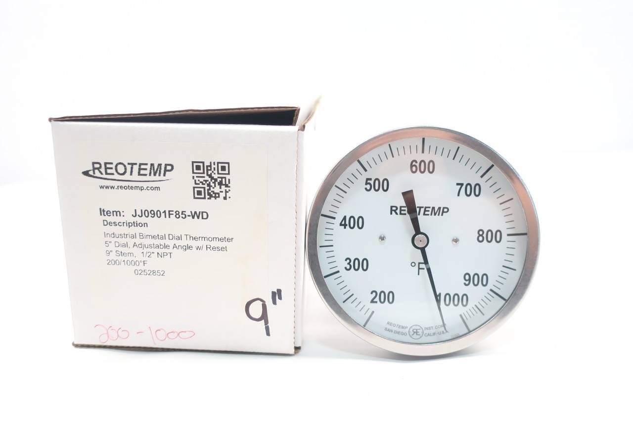 Reotemp JJ0901F85-WD Bimetal Thermometer 5in 9in 200-1000f 1/2in Npt