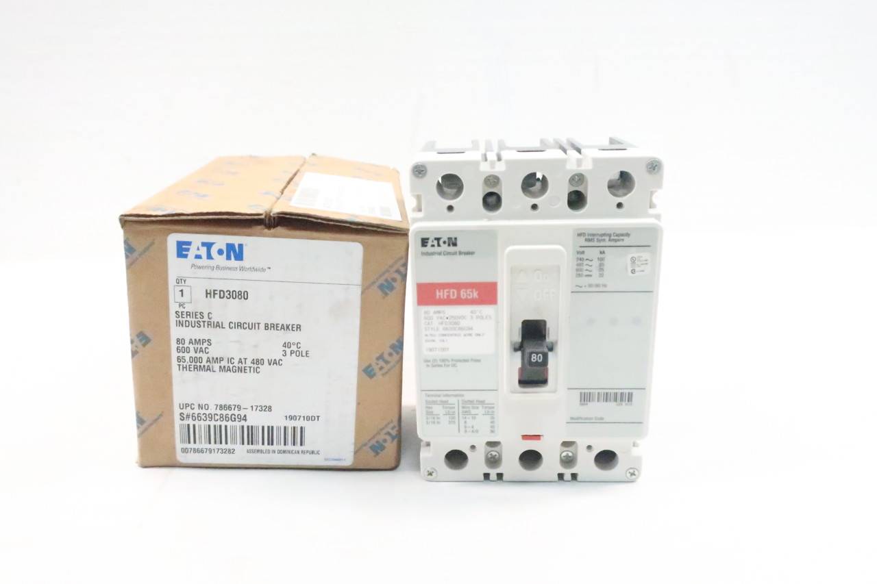 Eaton HFD3080 Molded Case Circuit Breaker 3p 80a Amp 600v-ac