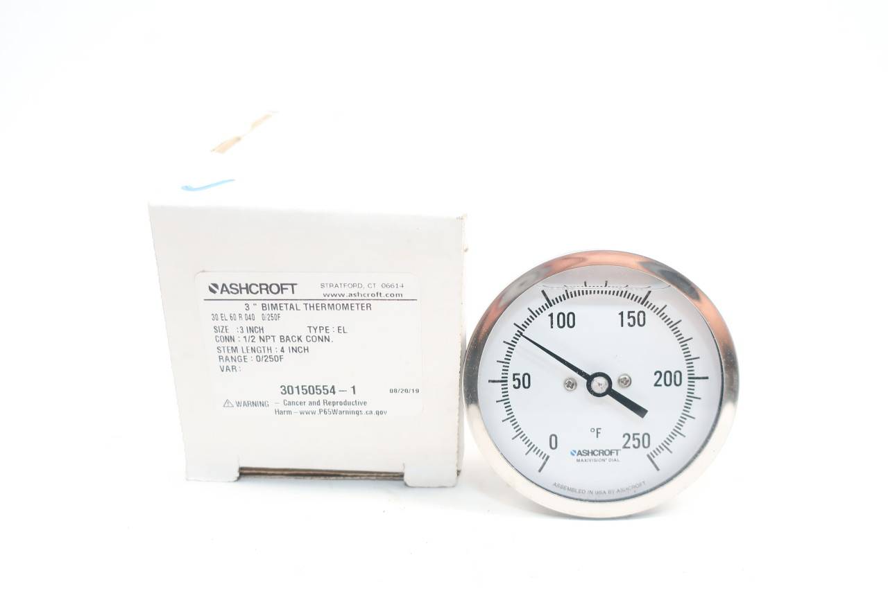 Ashcroft 30 EL 60 R 040 0/250F Bimetal Thermometer 3in 4in 0-250f 1/2in Npt