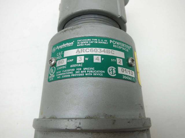 APPLETON ARC6034BC POWERTITE 600V-AC 60A AMP 3W 4P RECEPTACLE D513756