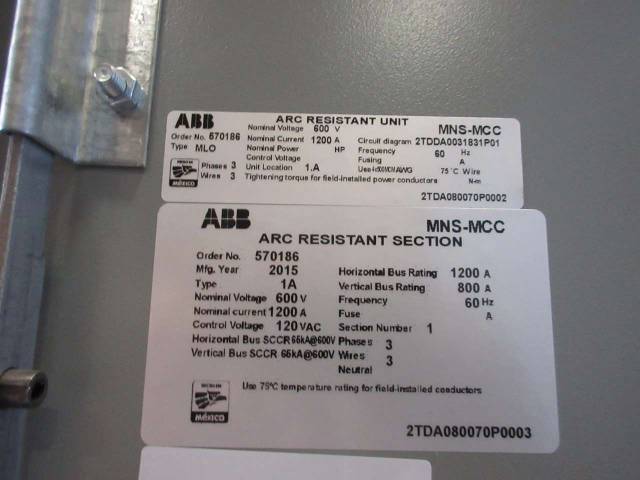 ABB MNS-MCC 1200A AMP 600V-AC MCC SWITCHGEAR INCOMING MAIN D543627