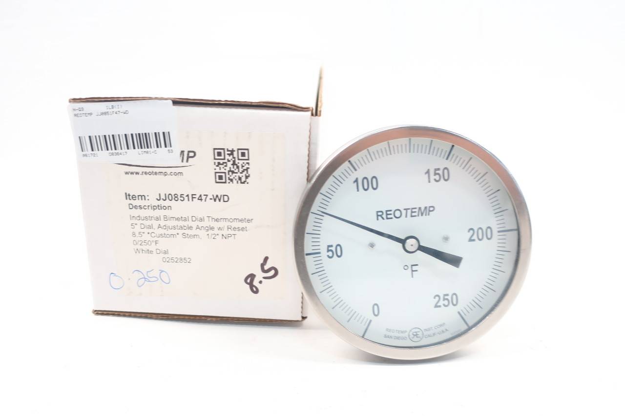 Reotemp JJ0851F47-WD Bimetal Thermometer 5in 8-1/2in 0-250f 1/2in Npt