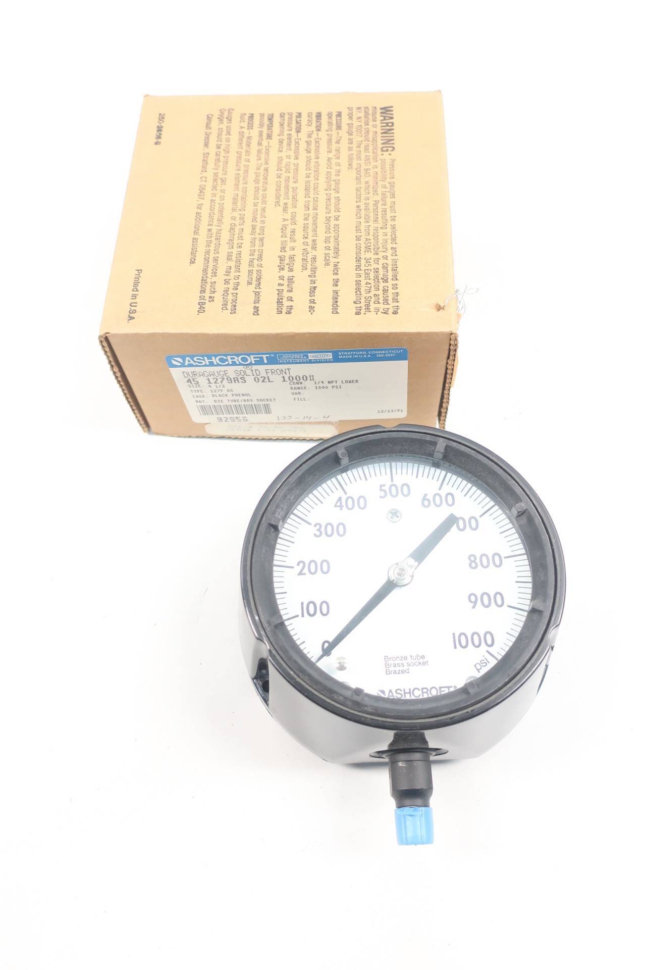 Ashcroft 45-1279AS-02L-1000 Pressure Gauge 4-1/2in 1/4in Npt 0-1000psi