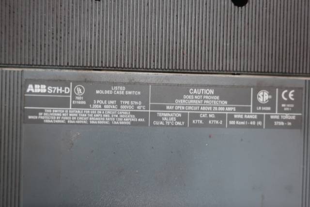 ABB S7H-D SACE S7 MOLDED CASE CIRCUIT BREAKER 3P 1200A 600V-AC 600V-DC