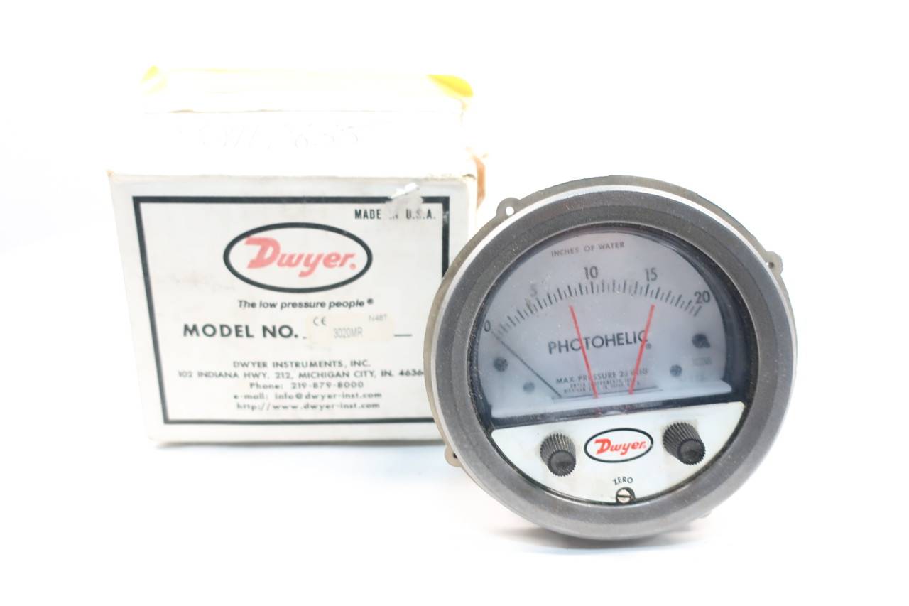 Dwyer 3020MR Photohelic Pressure Switch Gage 1/8in 0-20in-h2o 24v-dc