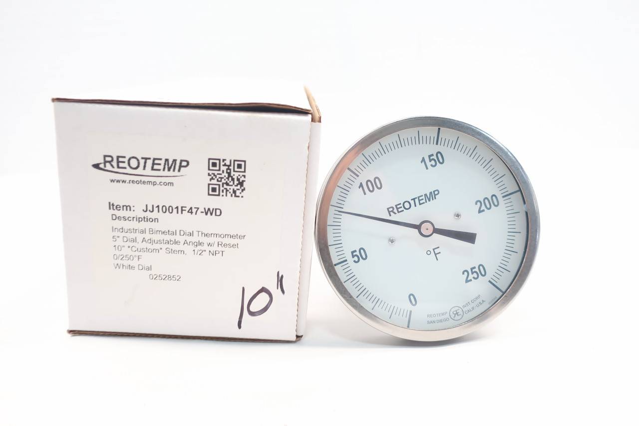 Reotemp JJ1001F47-WD Bimetal Thermometer 5in 10in 0-250f 1/2in Npt