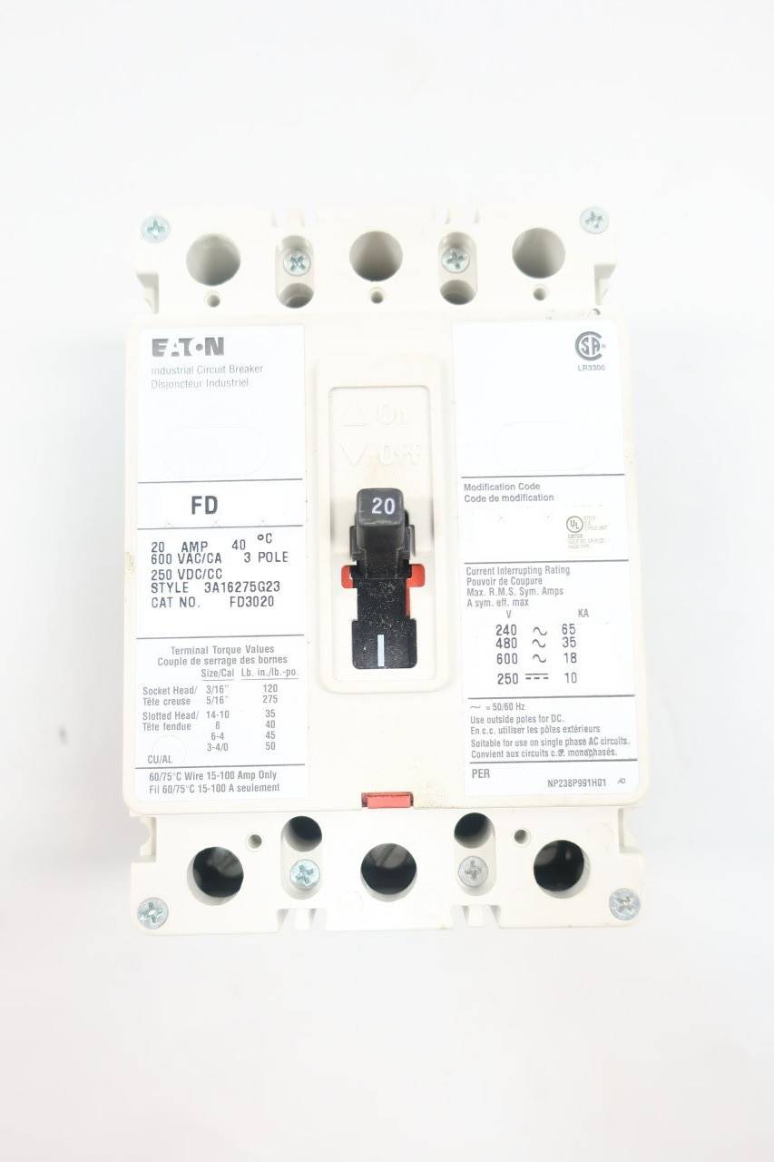 Eaton FD3020 Molded Case Circuit Breaker 3p 20a Amp 600v-ac