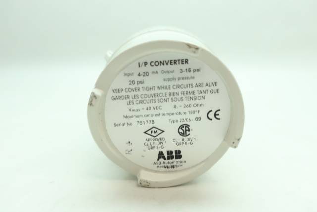 ABB 22/06-69 I/P CONVERTER 4-20MA 3-15PSI 1/4IN NPT 40V-DC D652338