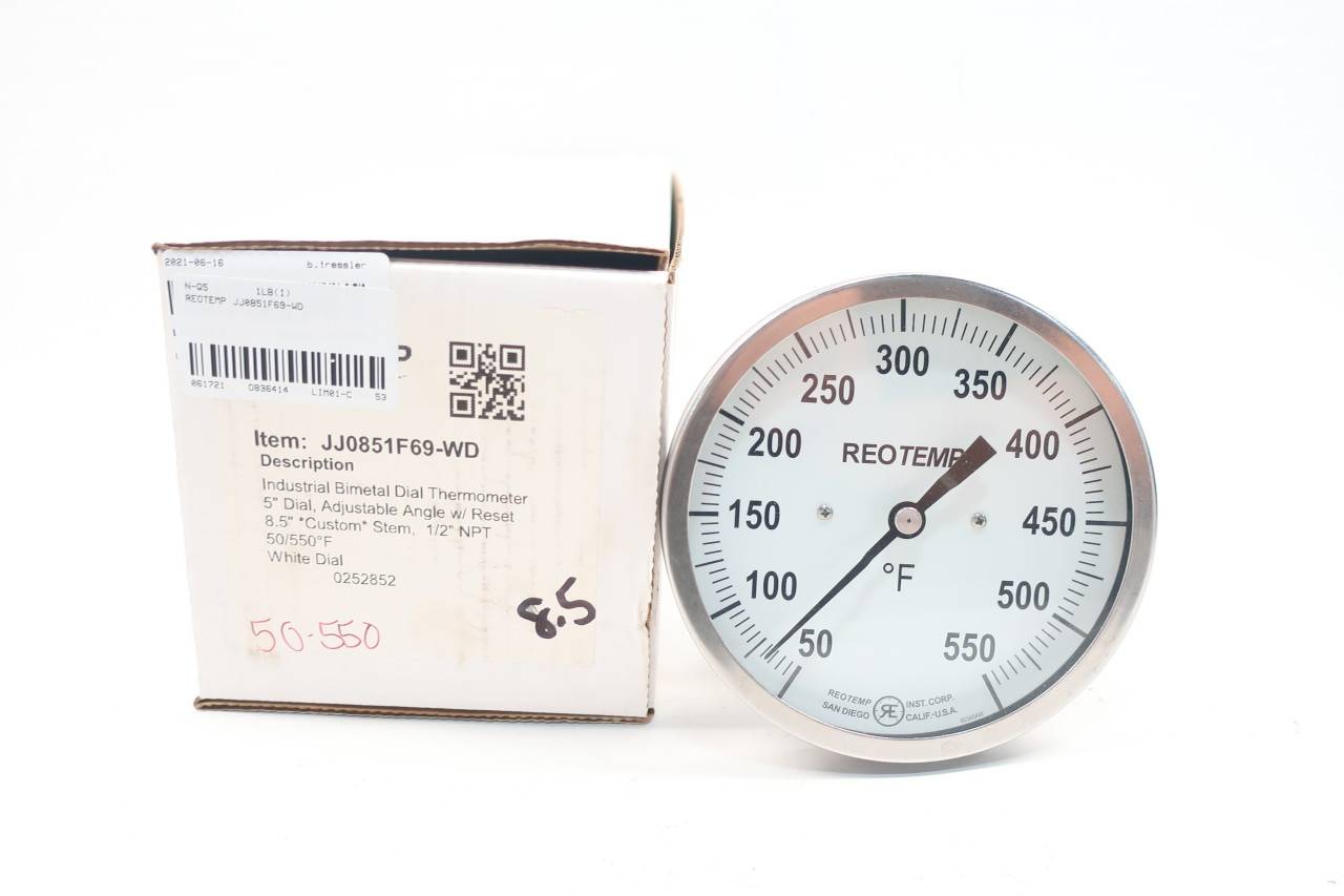 Reotemp JJ0851F69-WD Bimetal Thermometer 5in 8-1/2in 50-550f 1/2in Npt